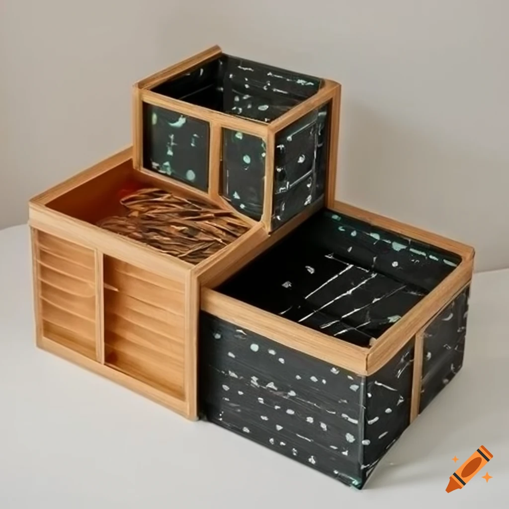Futuristic solarpunk-inspired eco-friendly stackable storage boxes on ...