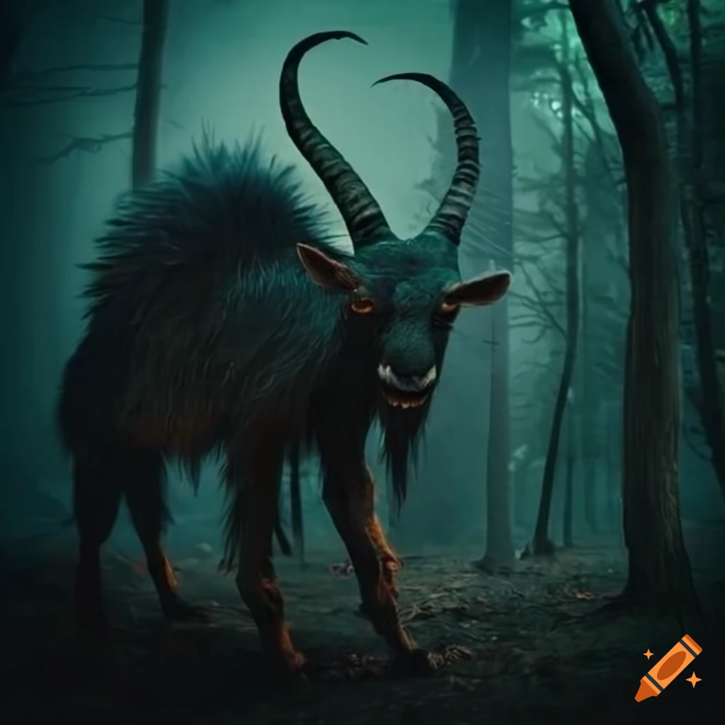 Vintage picture of a goat monster in a dark nocturnal forest on Craiyon