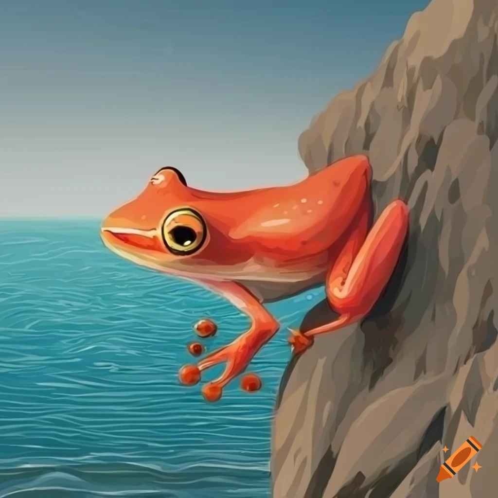 Illustration of a red frog climbing a sharp rock above the sea on Craiyon