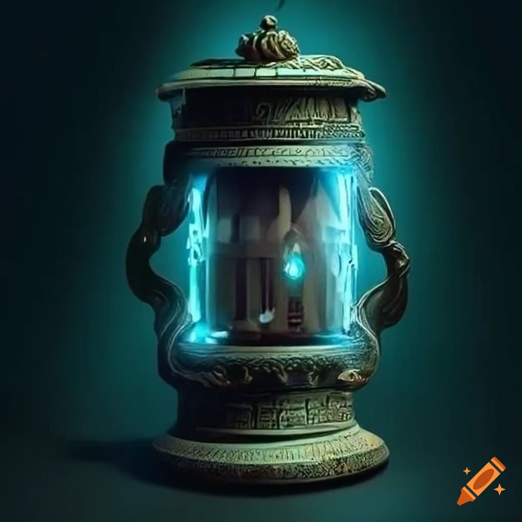 Eternal battery with a lantern-like interior holding a bright flame in ...