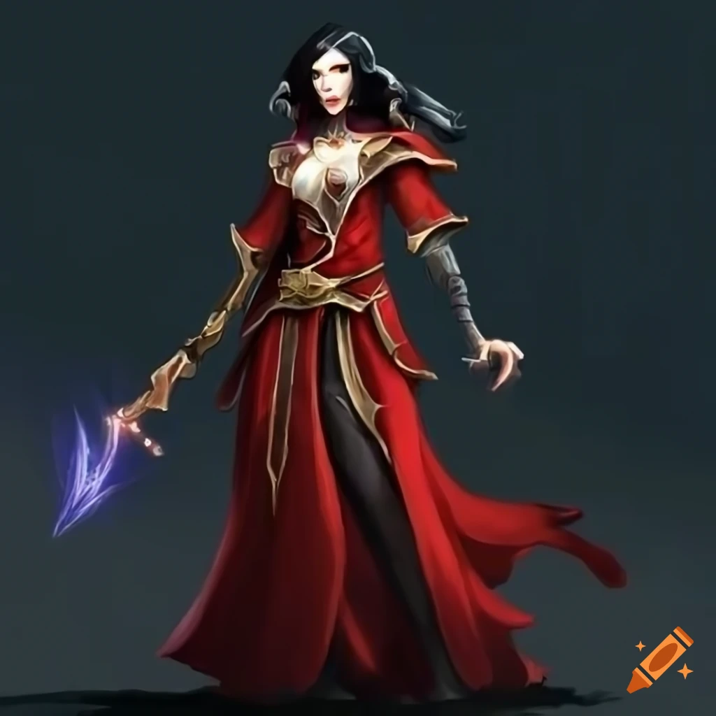 Female mage with black hair and red dress on Craiyon