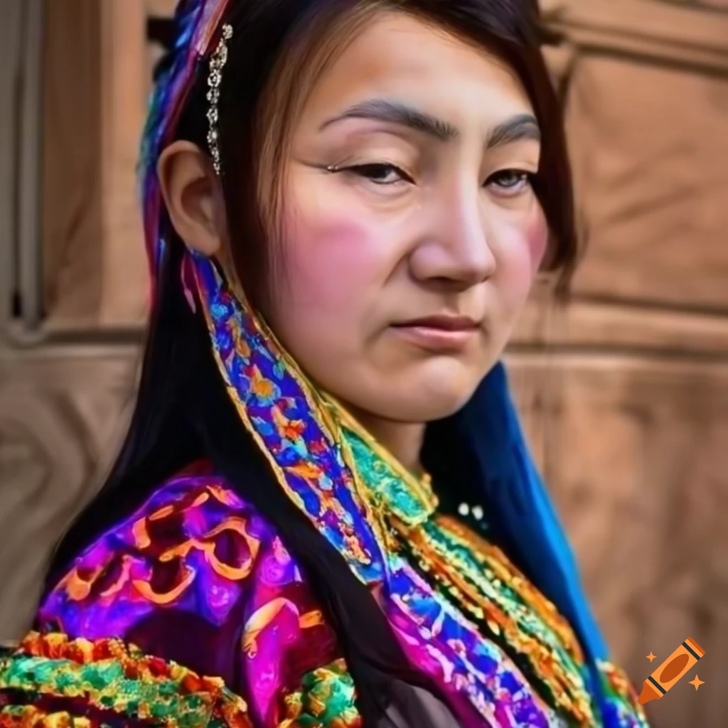 Colorful portrait of a young Uzbek woman in intricate national attire ...