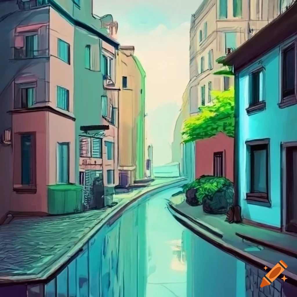 Street view with 2-point perspective, featuring apartment and terraced ...