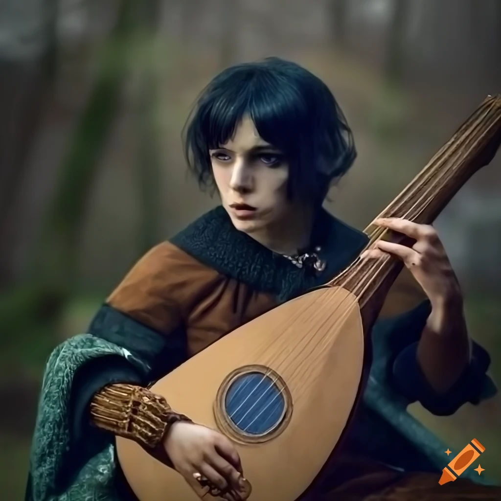 Male halfling bard playing a lute under dark skies on Craiyon
