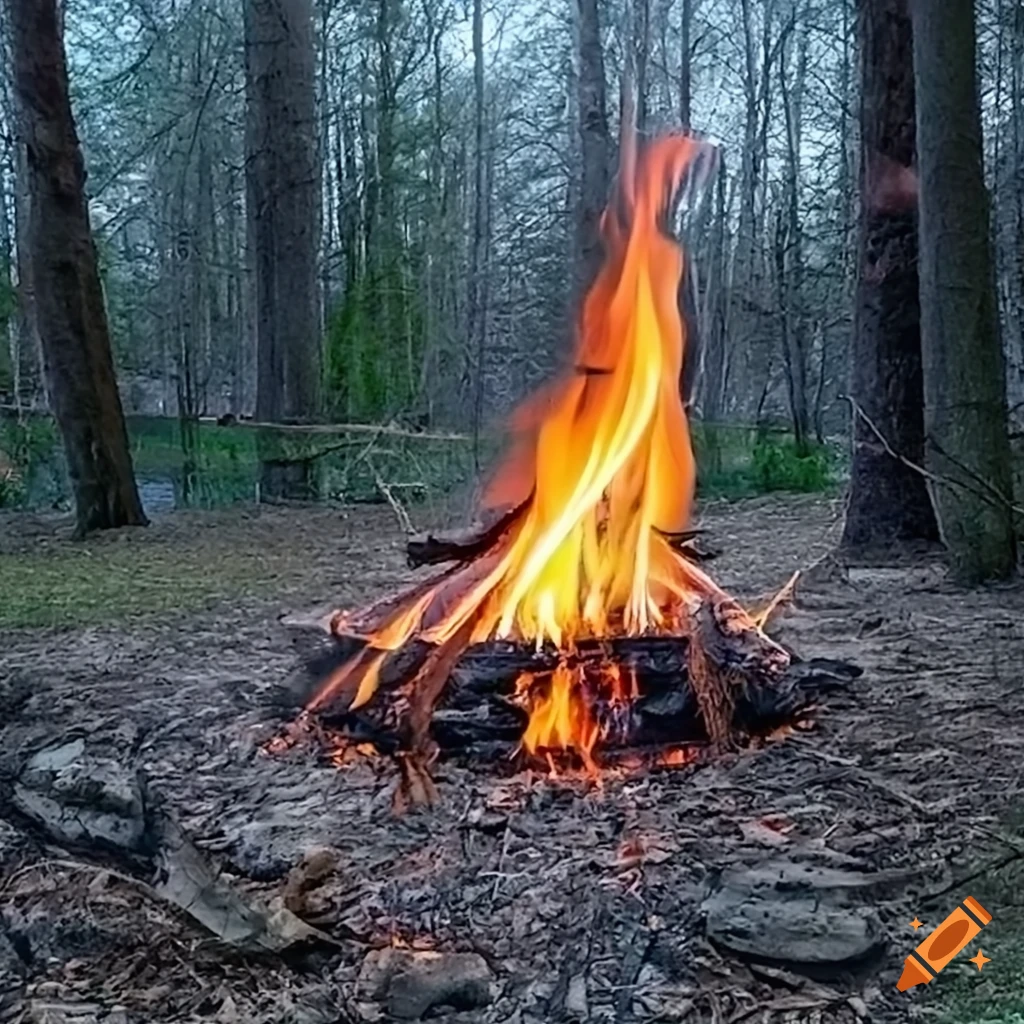 Tall flame of a campfire crackling and flickering in the daylight on ...