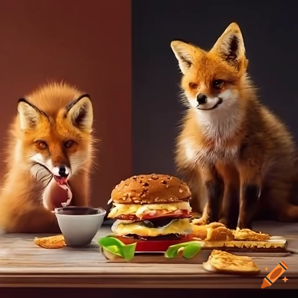 Two foxes at a cozy table inside Burger King on Craiyon