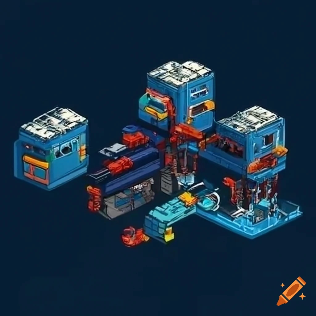 Factory producing software with anime-style robots on Craiyon