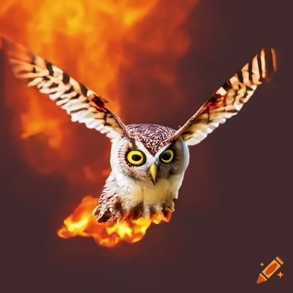 Surprised owl flying through air breathing fire on Craiyon