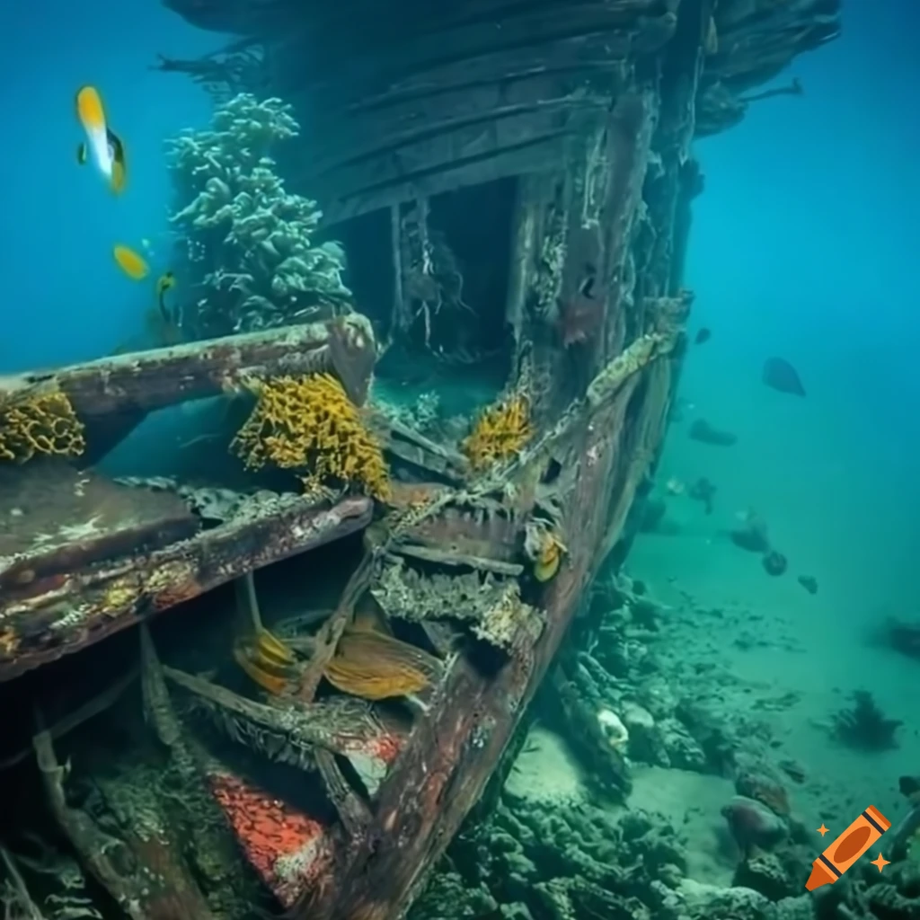 Underwater exploration of an old wooden shipwreck surrounded by vibrant ...
