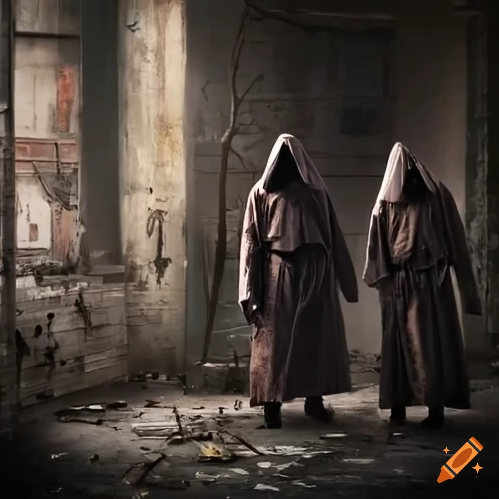 Two figures in robes walking through a post-apocalyptic ghetto on Craiyon