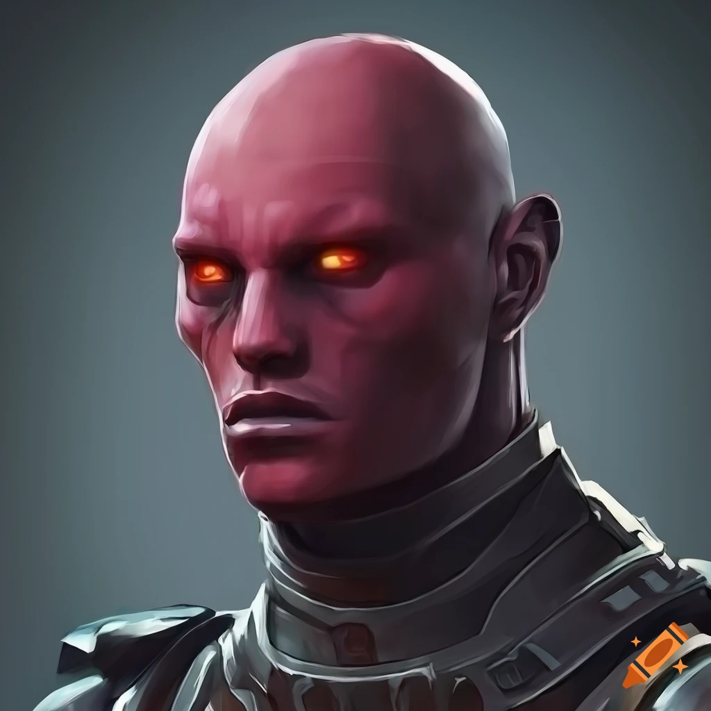 Sci-fi race man with dark red skin, bald head, and green eyes in armor ...
