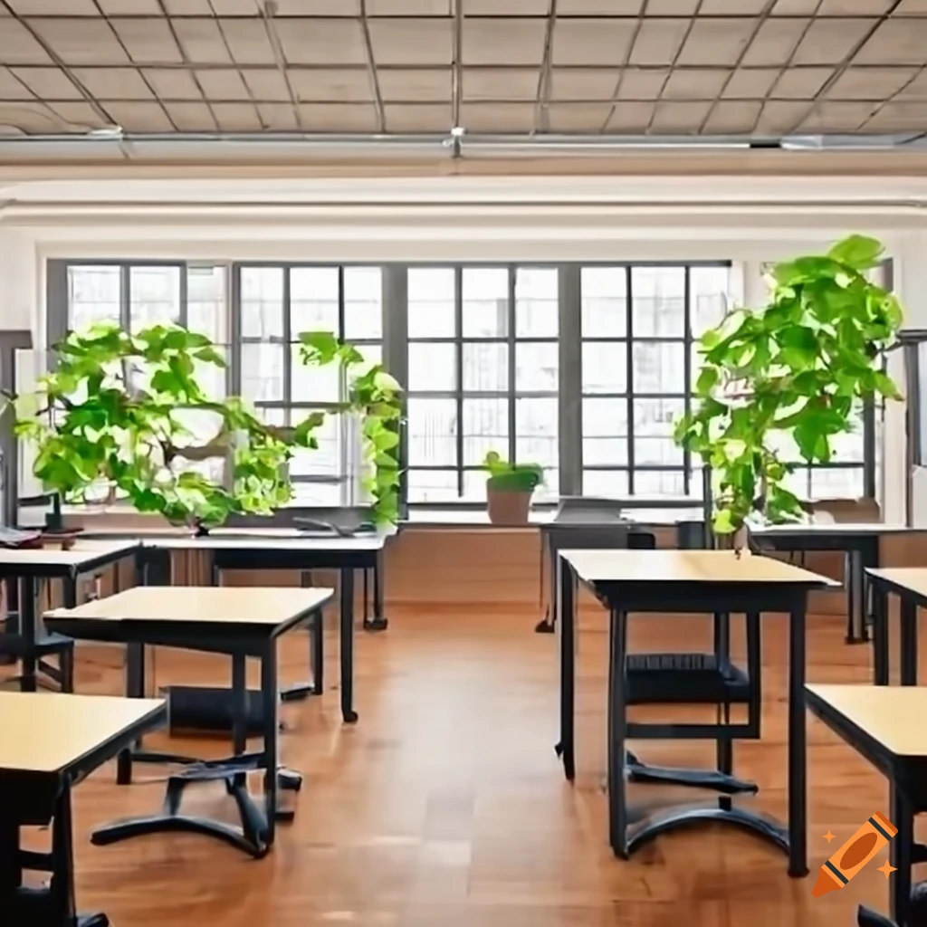 Classroom with students studying surrounded by vines and potted trees ...