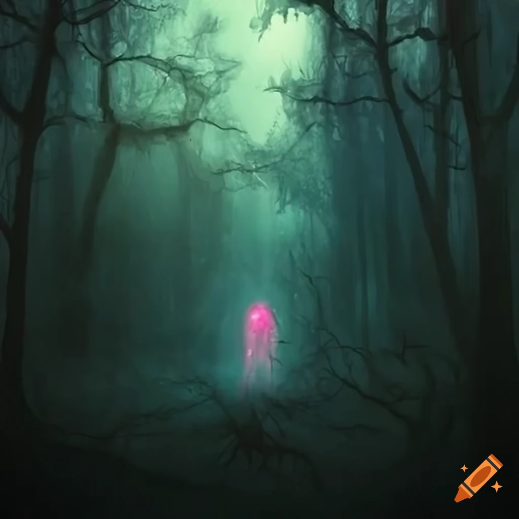 Eerie wizard in a forest under a sky with a space nebula on Craiyon