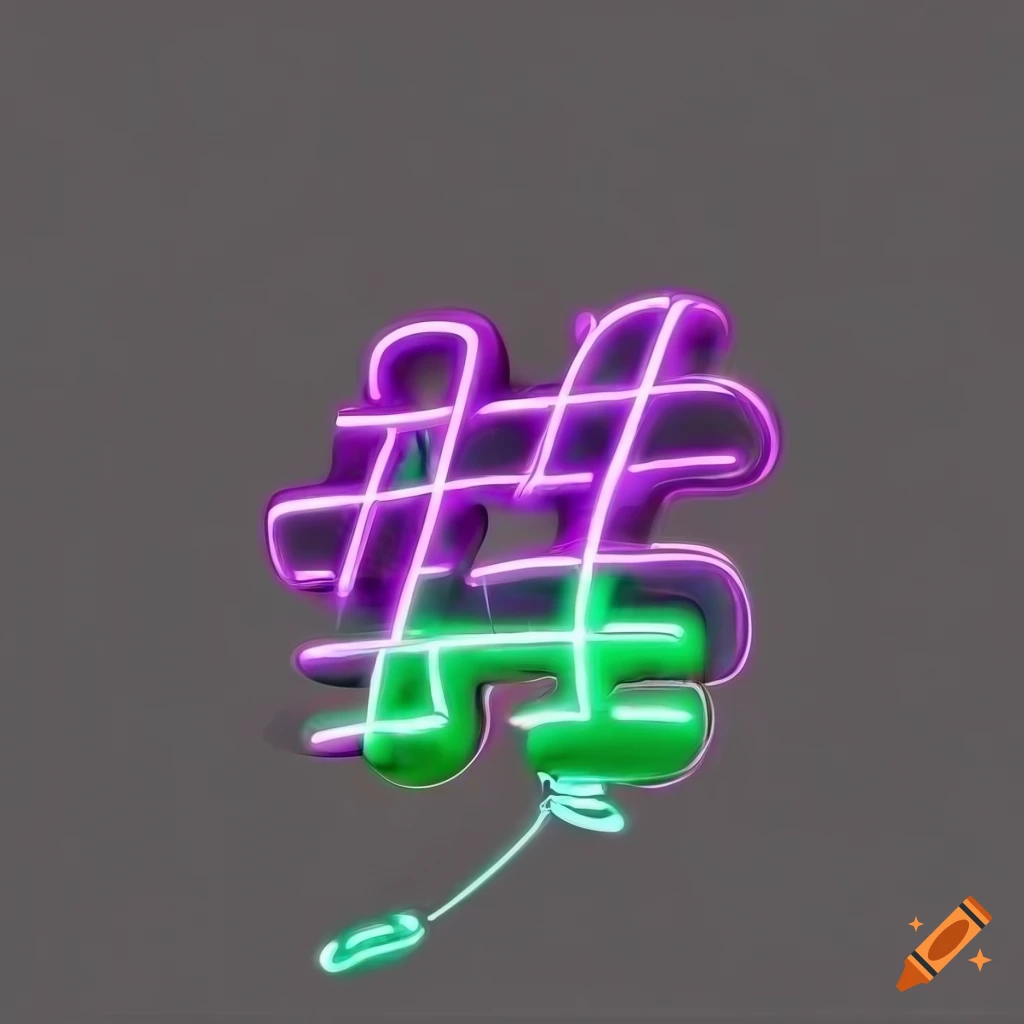 Purple neon balloon in hashtag symbol shape on a black background on ...