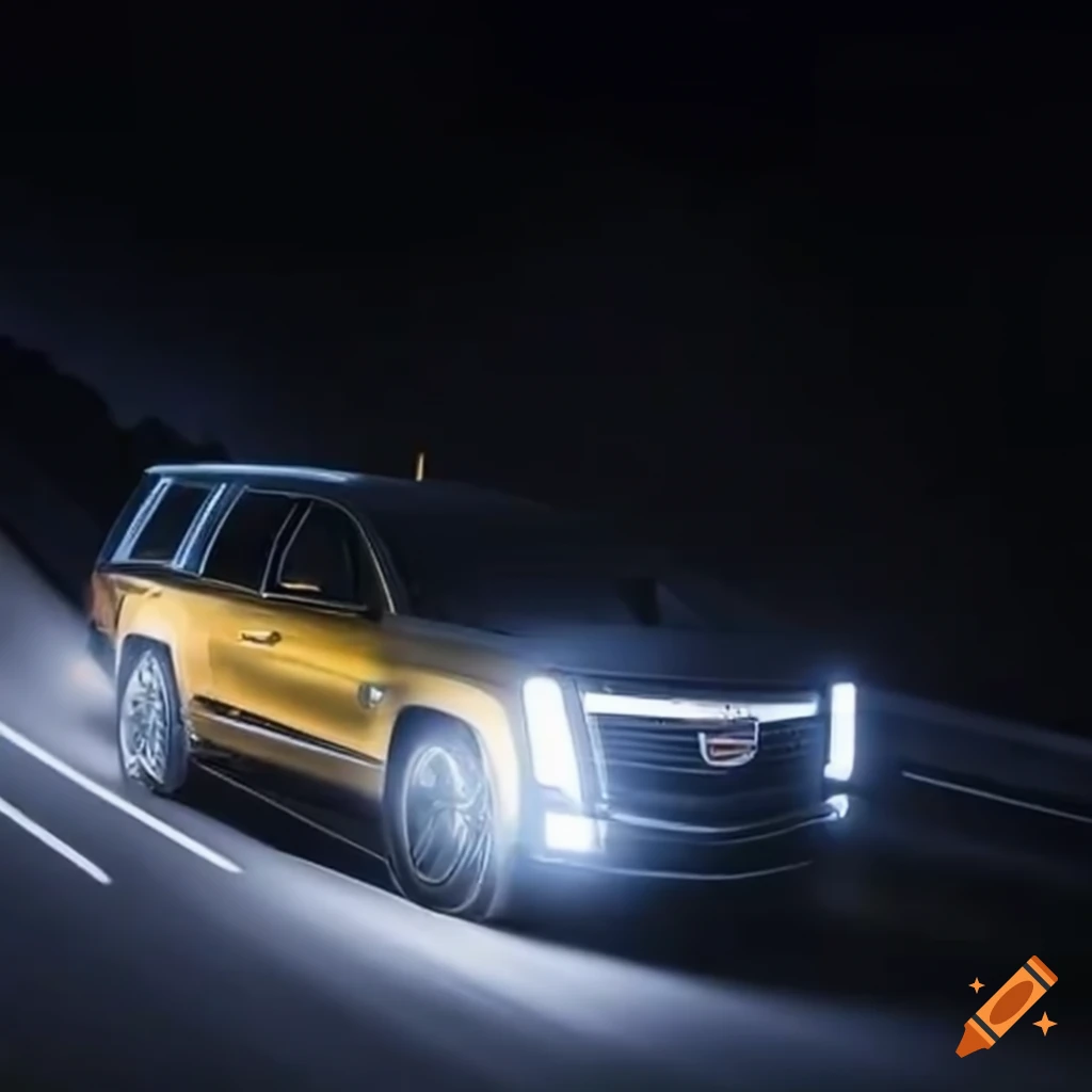 Sleek yellow cadillac escalade driving on a mountain road at night on ...