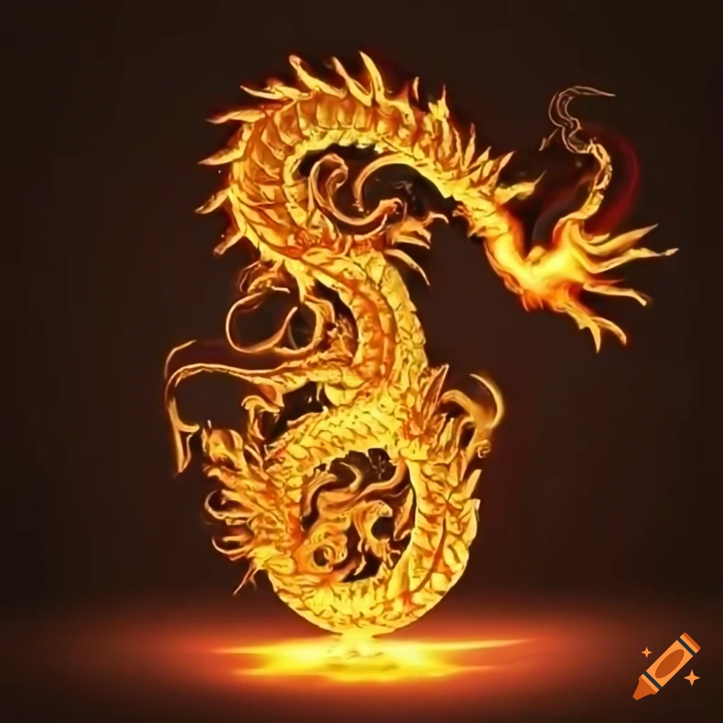 Chinese dragon illuminated by golden flames symbolizing power on Craiyon