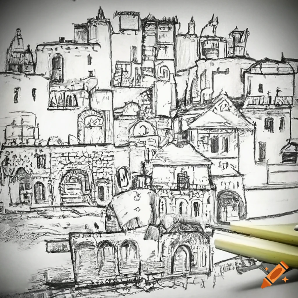 Crayon drawing of a medieval Mediterranean city with fantasy creatures ...