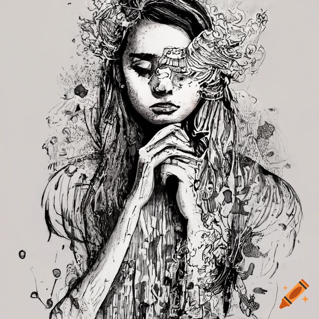 Poet girl in a creation ink illustration on Craiyon