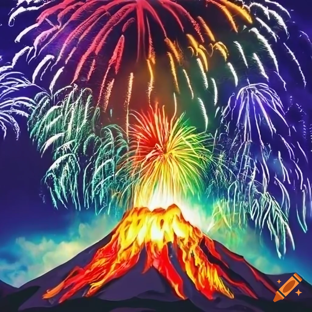 Volcano erupting with fireworks and a rainbow on Craiyon