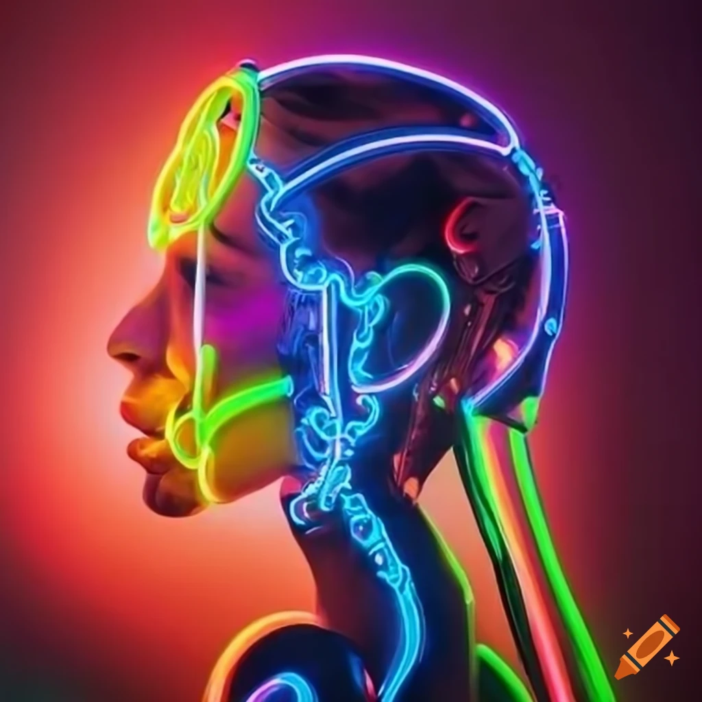 Vibrant neon art of a bionic person on Craiyon