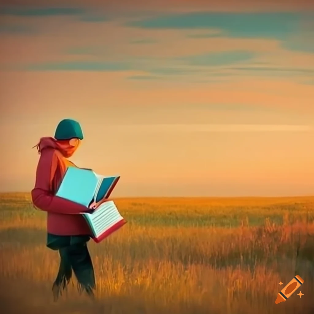 Person walking and reading books in a field on Craiyon