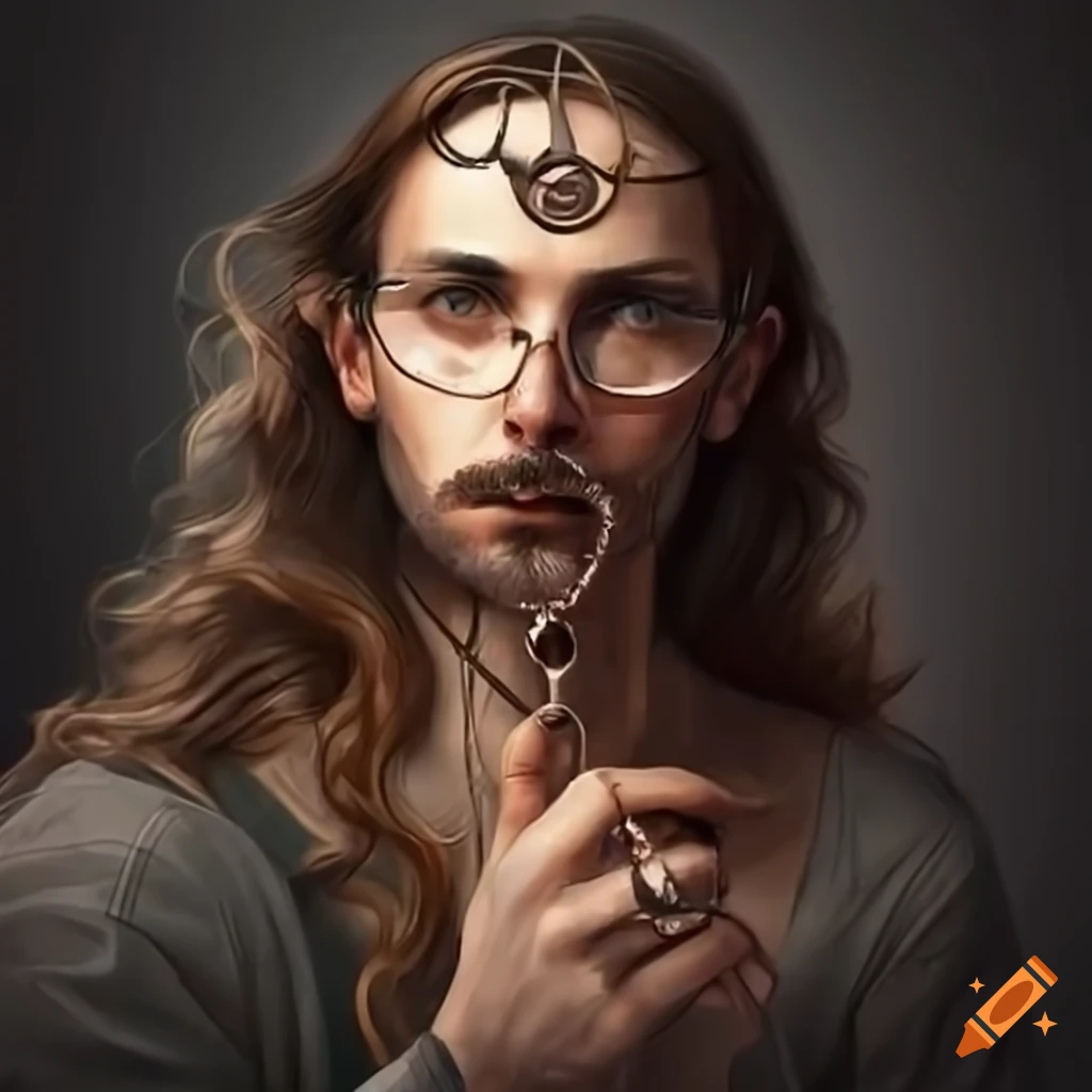Man With Long Wavy Brunette Hair Goatee Hazel Eyes And Rose Wire Rimmed Glasses Posing