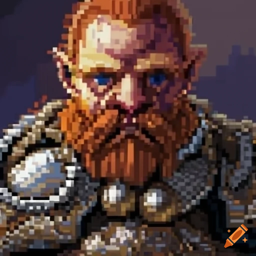 Pixel art of a highly detailed close-up portrait of a Dwarf warrior in armor on Craiyon