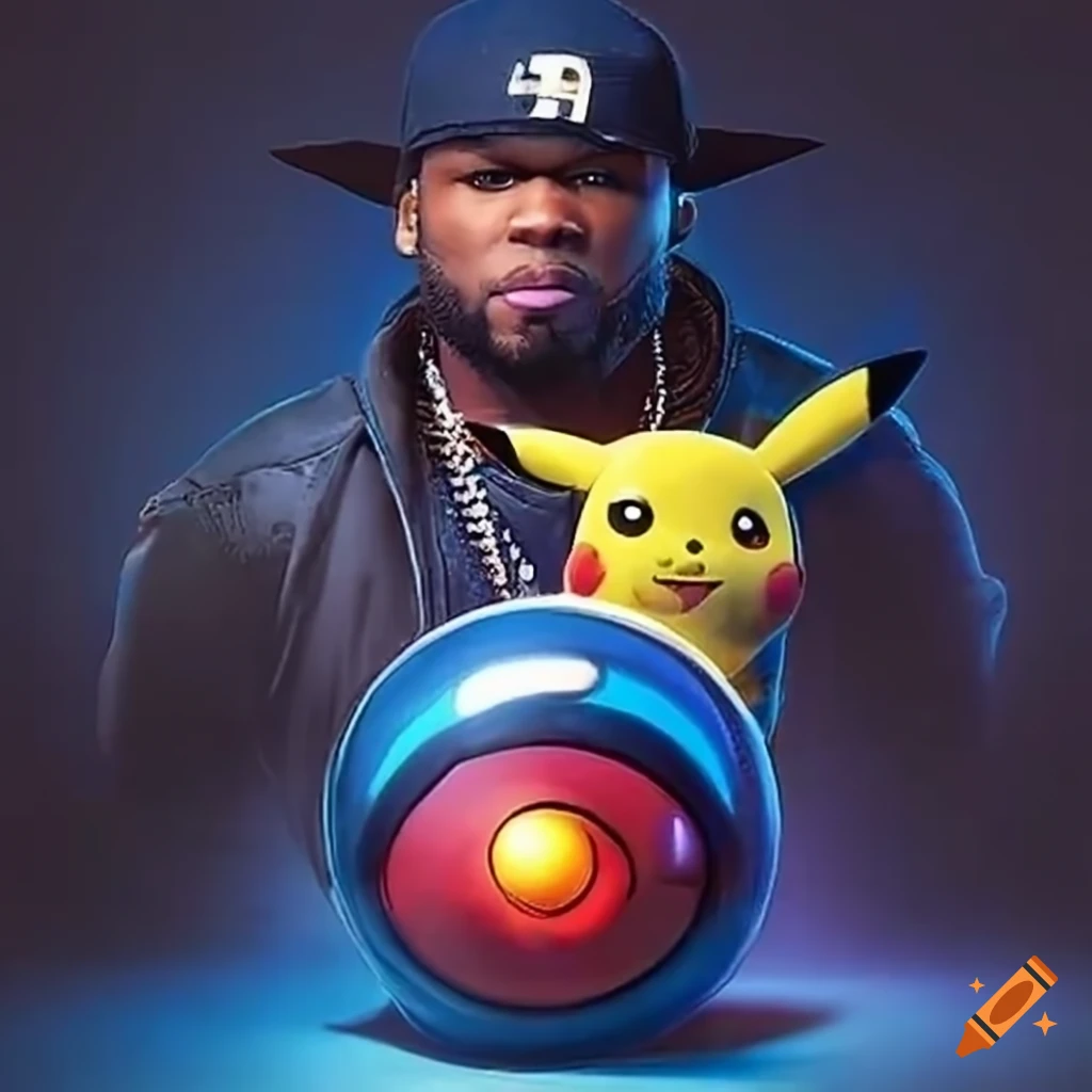 Pikachu and 50 Cent collaborating in a rap scene with a Pokeball on Craiyon