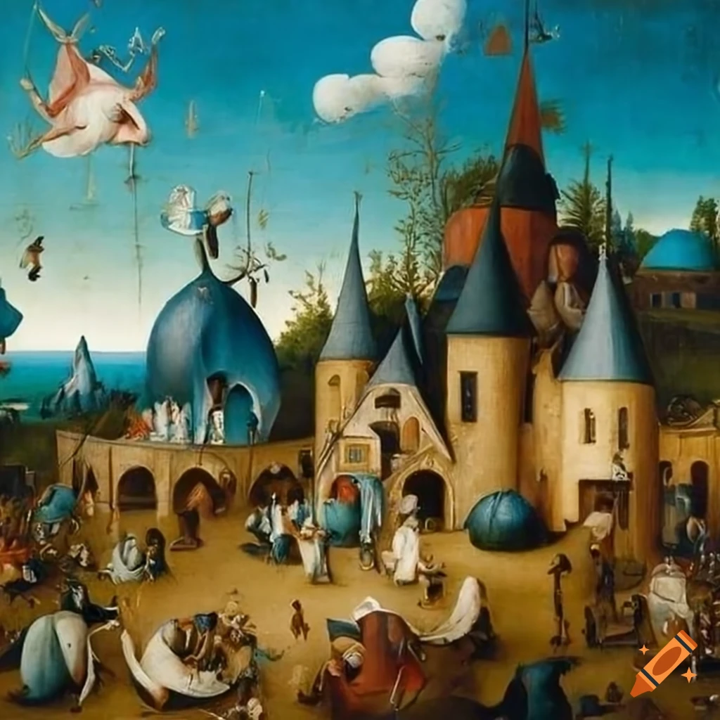 Surrealist medieval village scene inspired by hieronymus bosch with ...