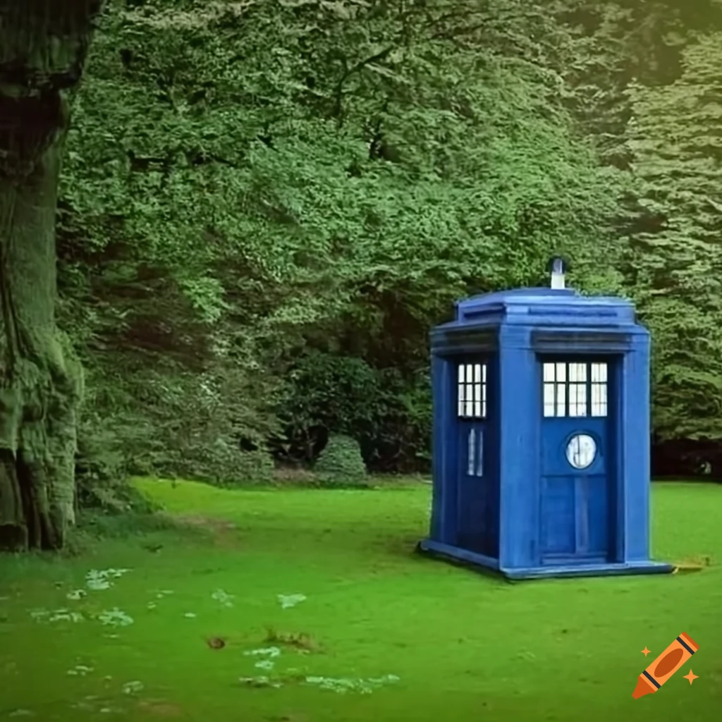 Tardis from doctor who in a lush garden with friedrich hölderlin ...