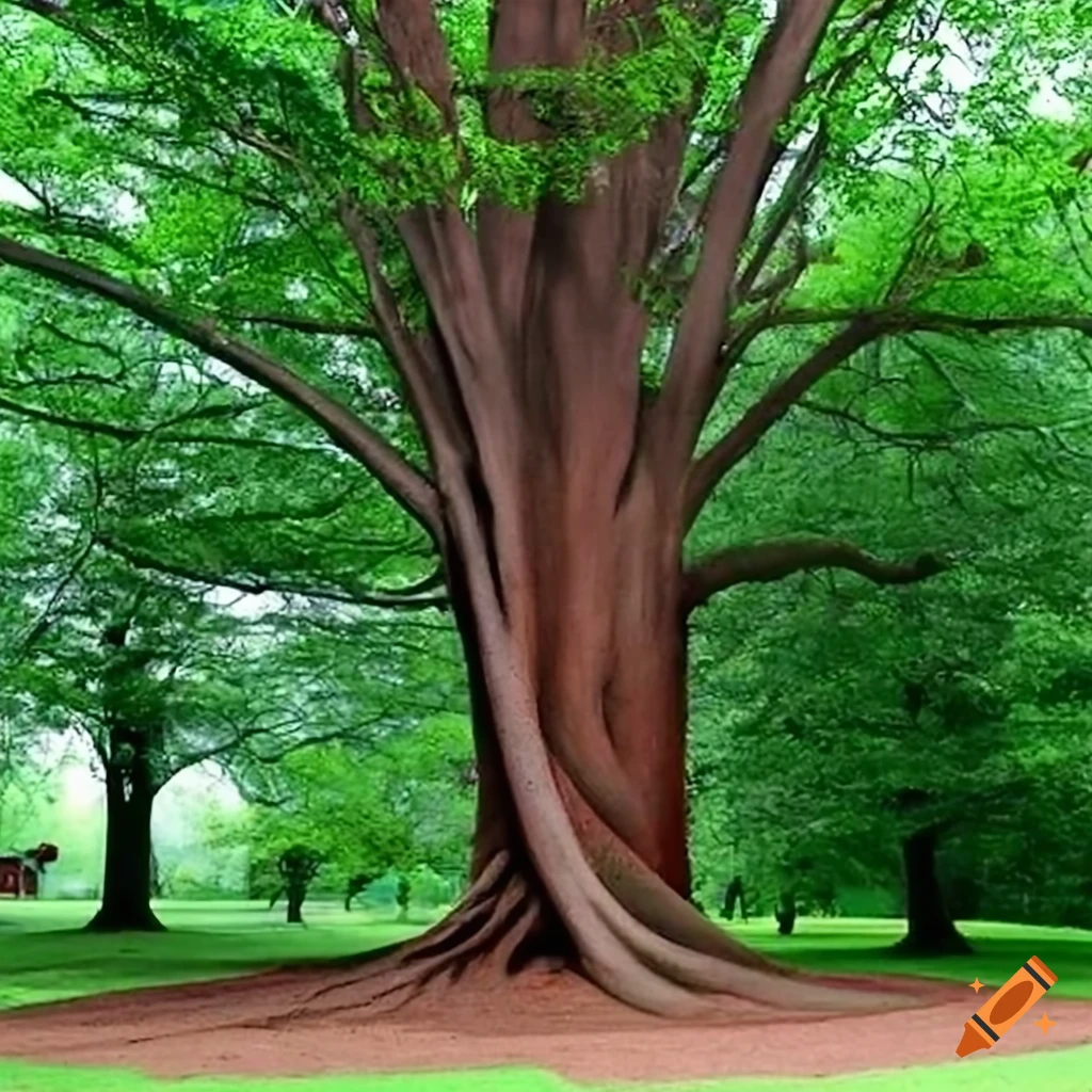 Tall tree standing proud in the park with roots and branches reaching ...