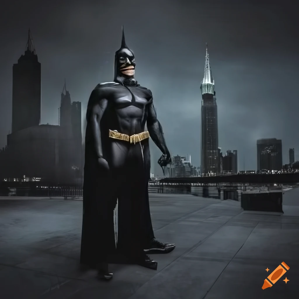 Batman overlooking Gotham city in photorealistic style on Craiyon