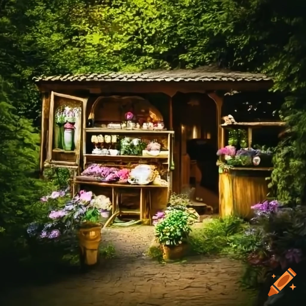 Small flower shop in the forest on Craiyon