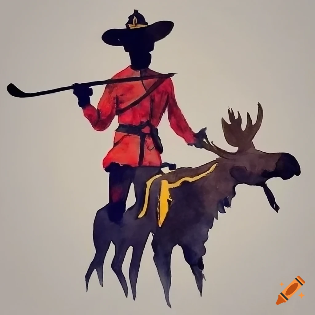 Rcmp mountie riding a moose with a hockey stick in the air on Craiyon