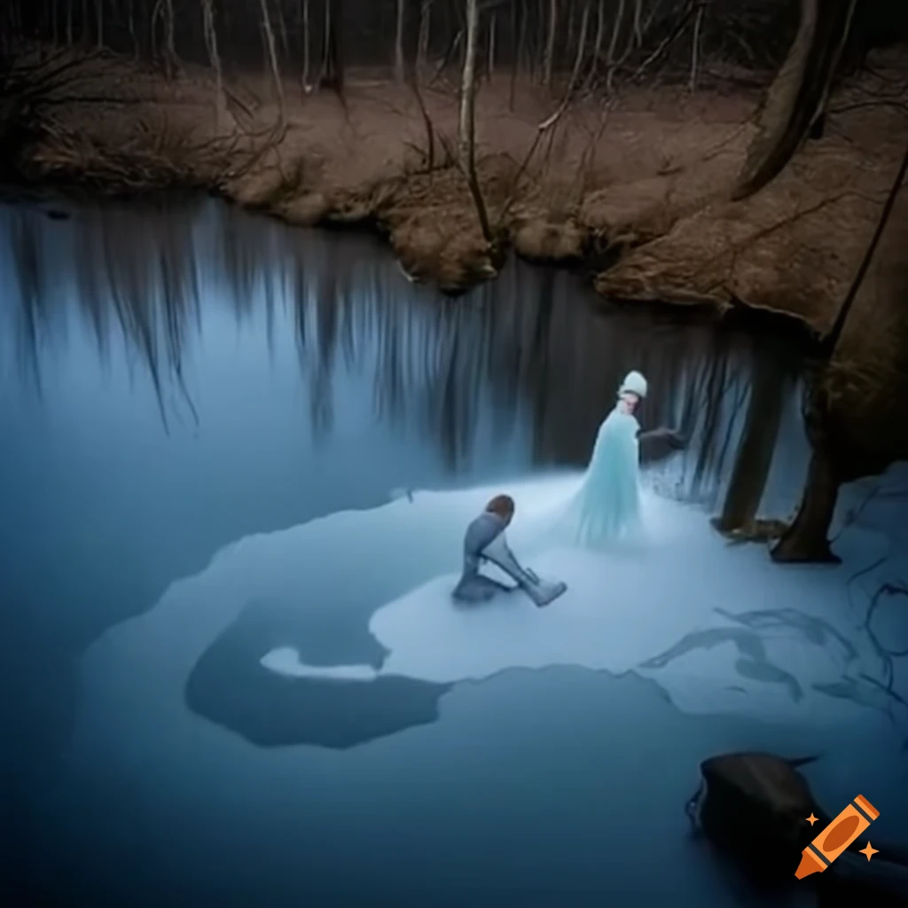 Snow queen and kay in an icy pond in a legendary scene on Craiyon