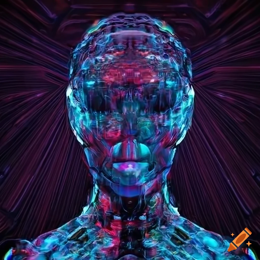 Futuristic transparent face with a solid spirit inside, in a dark ...