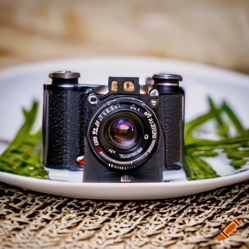 Long black camera lens on a white dinner plate on Craiyon