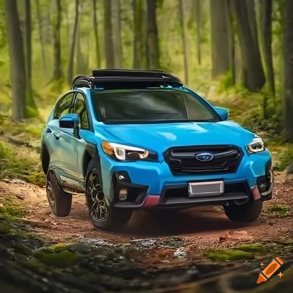 Hyperblue Subaru Crosstrek with sport styling offroading in a forest on ...