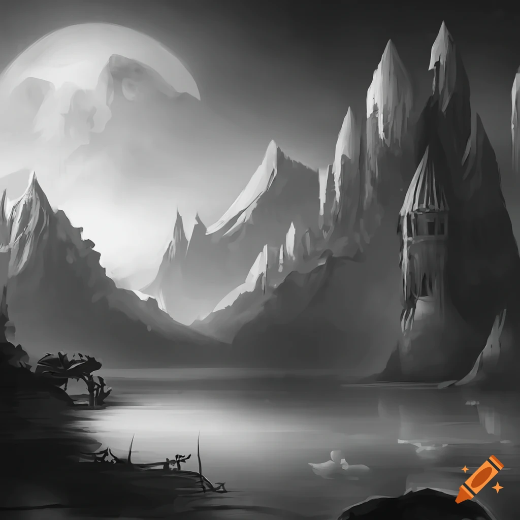 Stunning fantasy landscape in greyscale at 318dpi on Craiyon