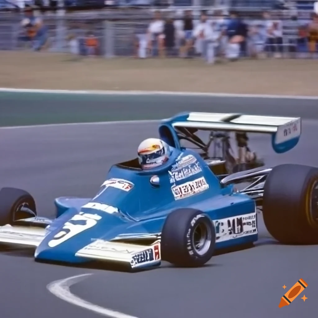Blue sponsored f1 car racing in the 1980s on Craiyon