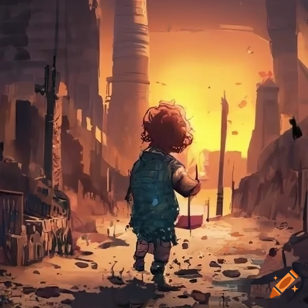 Cartoon kids walking through post-apocalyptic wasteland in children's ...