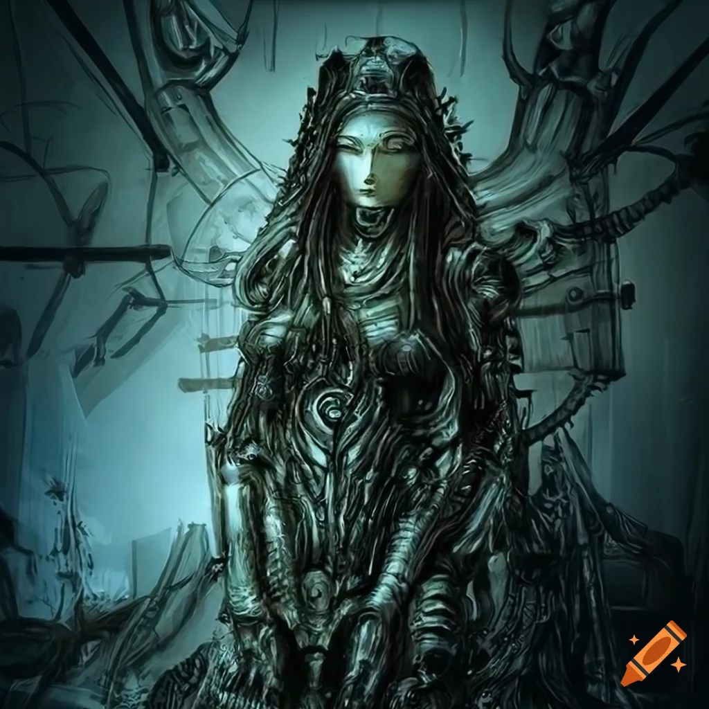 Sci-fi illustration of a woman in an alien biomechanical environment on ...