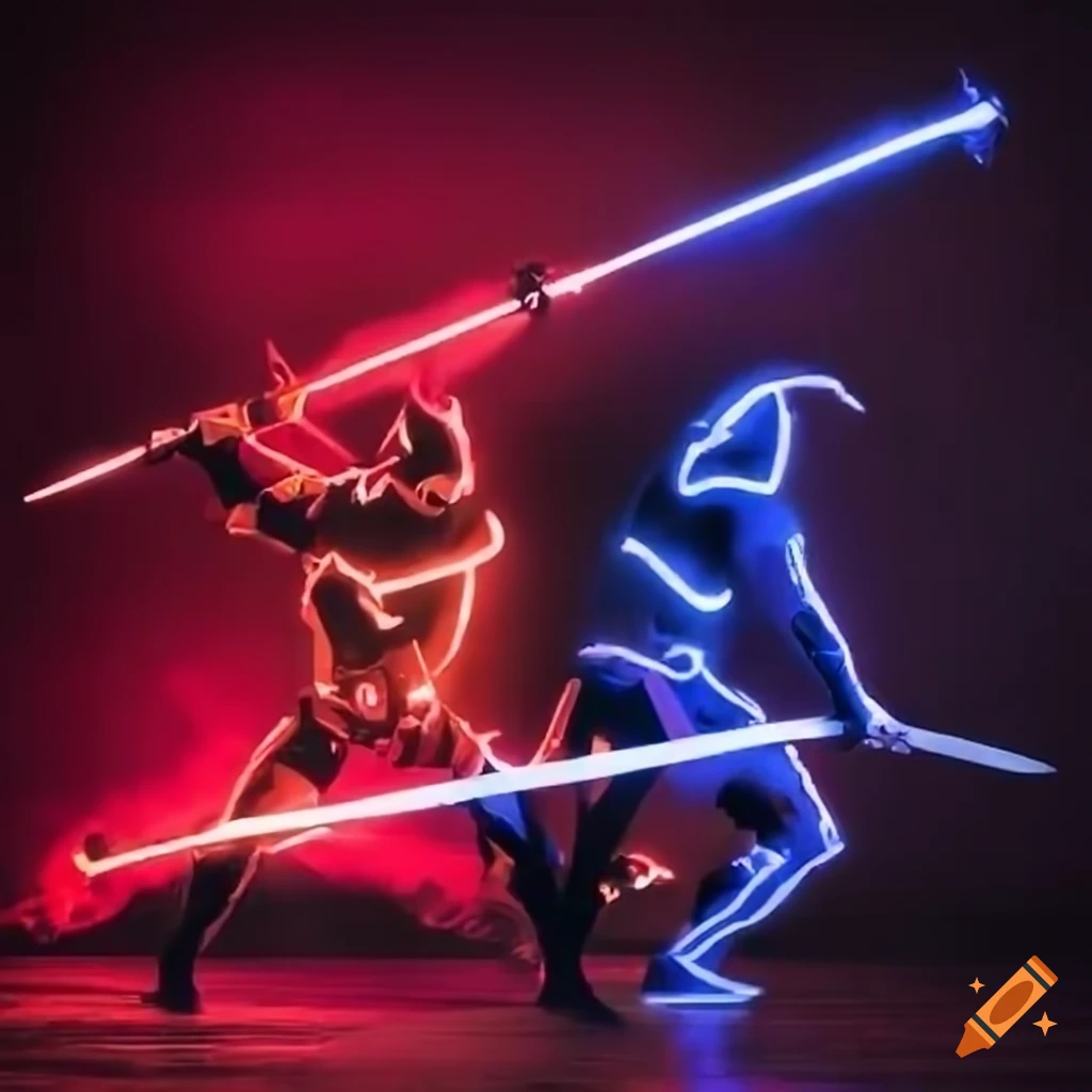 Neon spartan warriors sword fighting in a cool scene on Craiyon