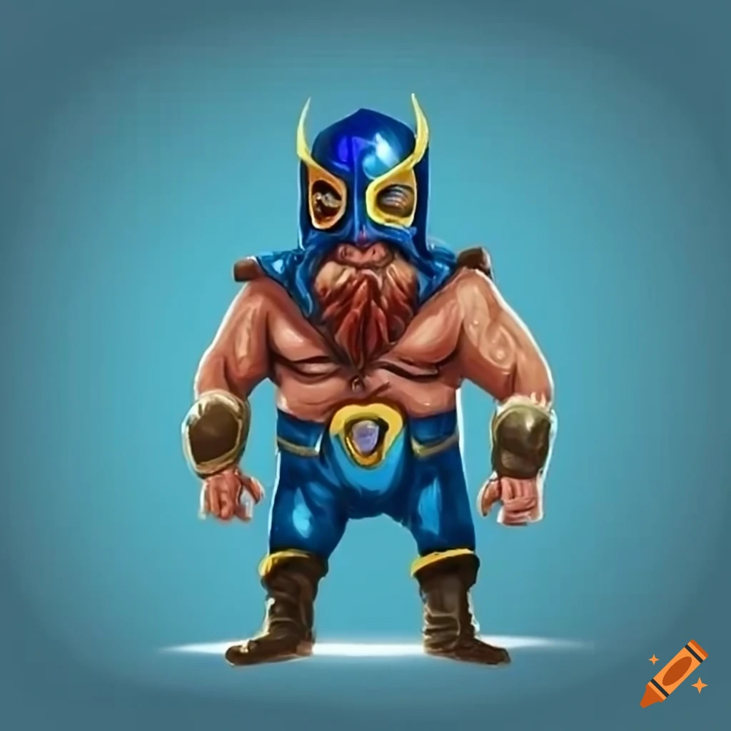 Miniature bearded dwarf in blue lucha libre wrestling attire on Craiyon