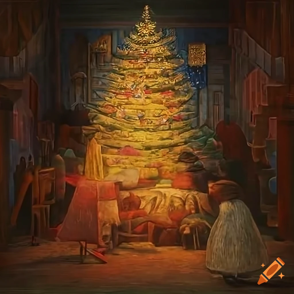 Vibrant Christmas scene painting with intricate details and blend of ...