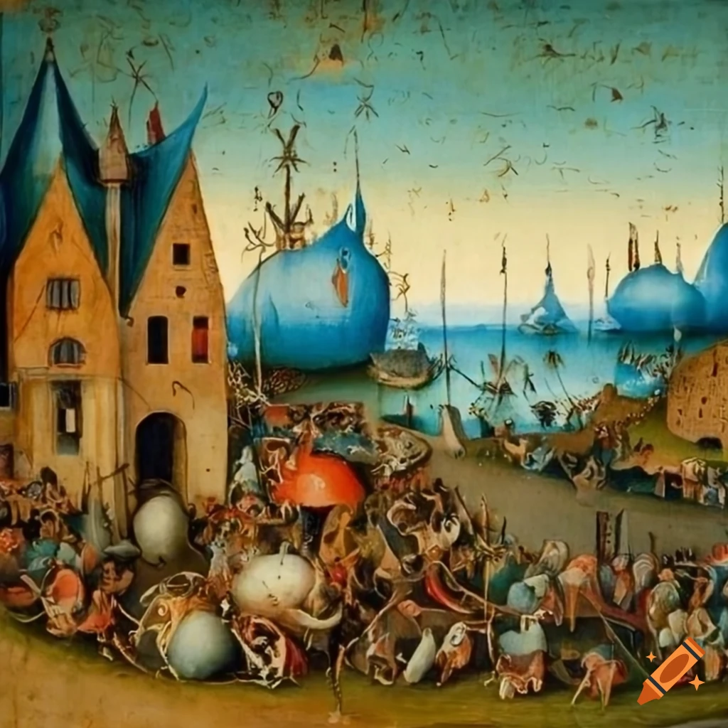 Surrealist medieval village scene inspired by Hieronymus Bosch with ...