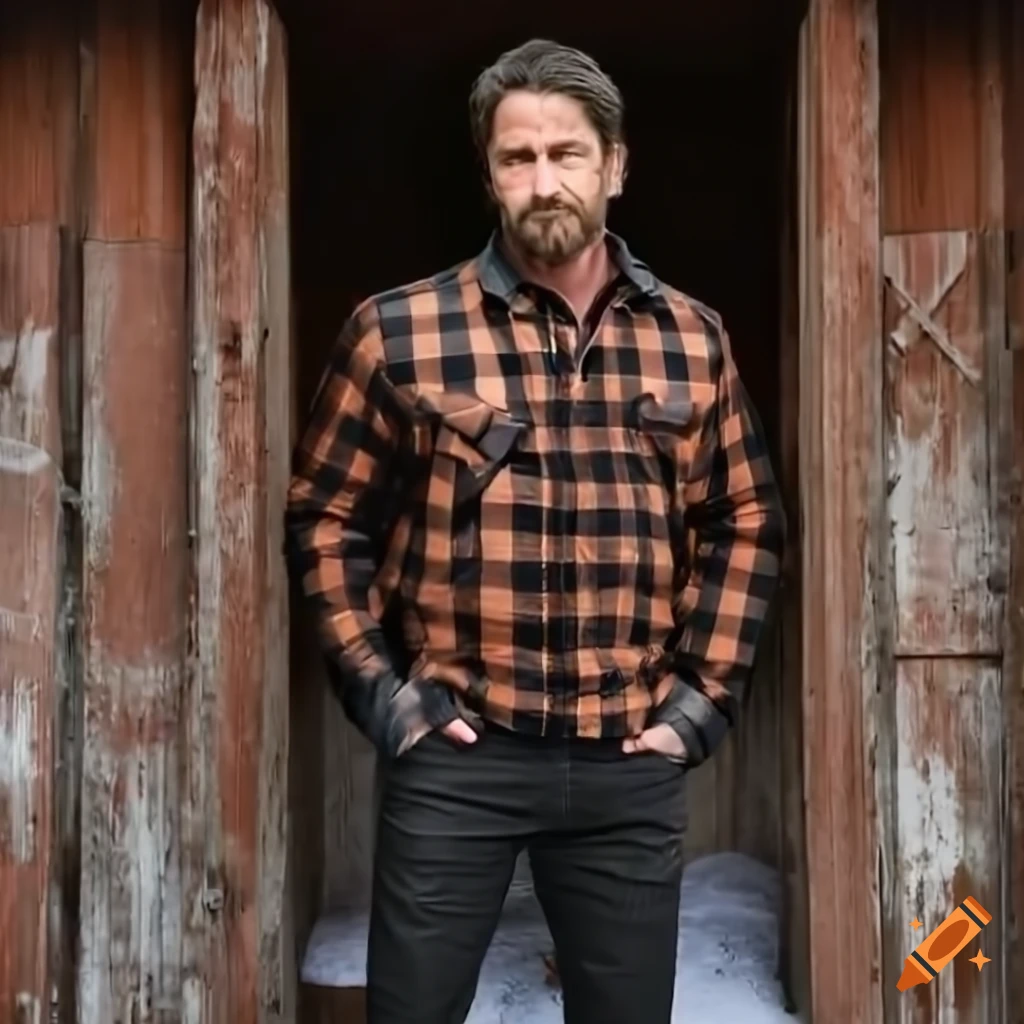 Young actor with orange plaid shirt and black leather jacket and ...