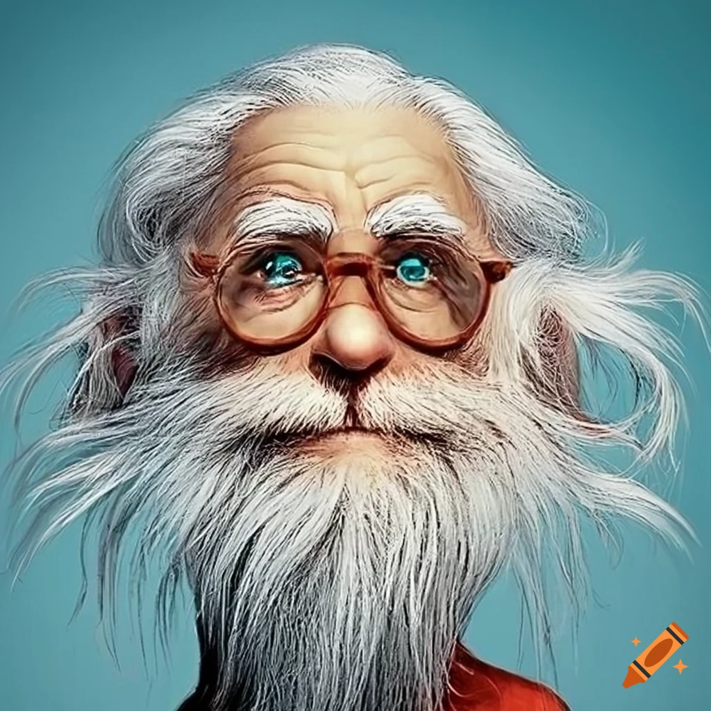 Character with long white hair, beard, and glasses in Dr. Seuss style ...
