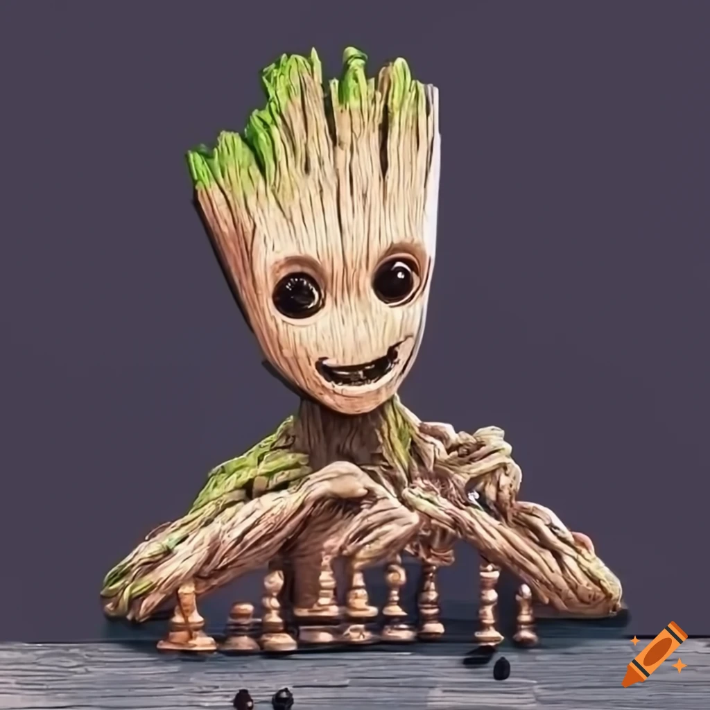 Smiling groot playing chess on a chair on Craiyon