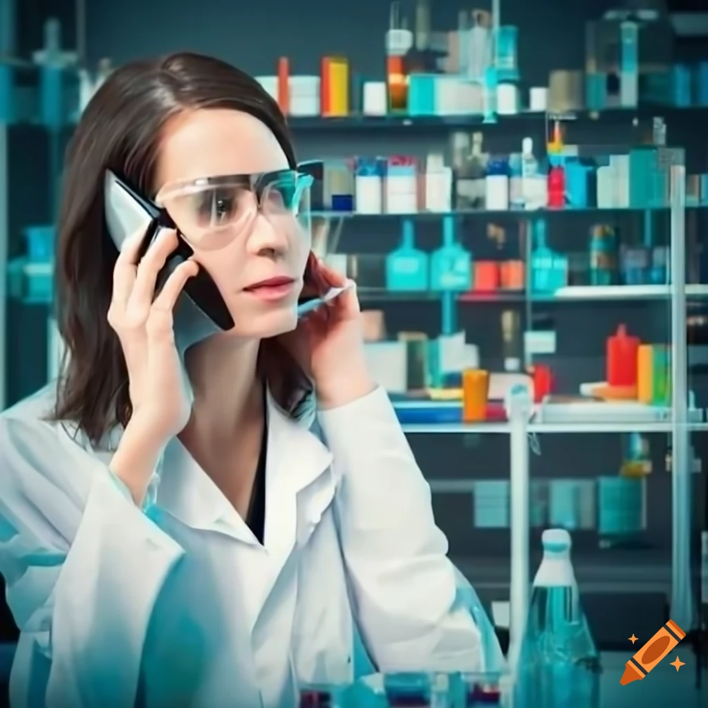Woman scientist on phone at crowded laboratory desk on Craiyon